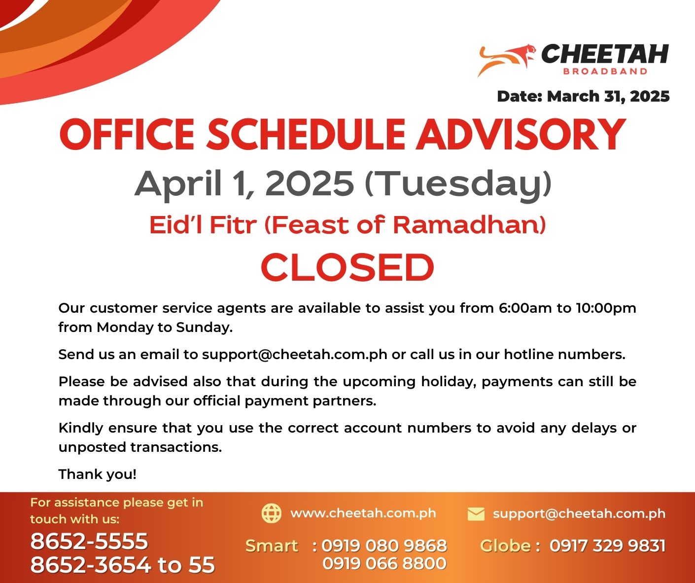 📢 Office Holiday Advisory – April 1, 2025 (Eid’l Fitr) - Cheetah Broadband